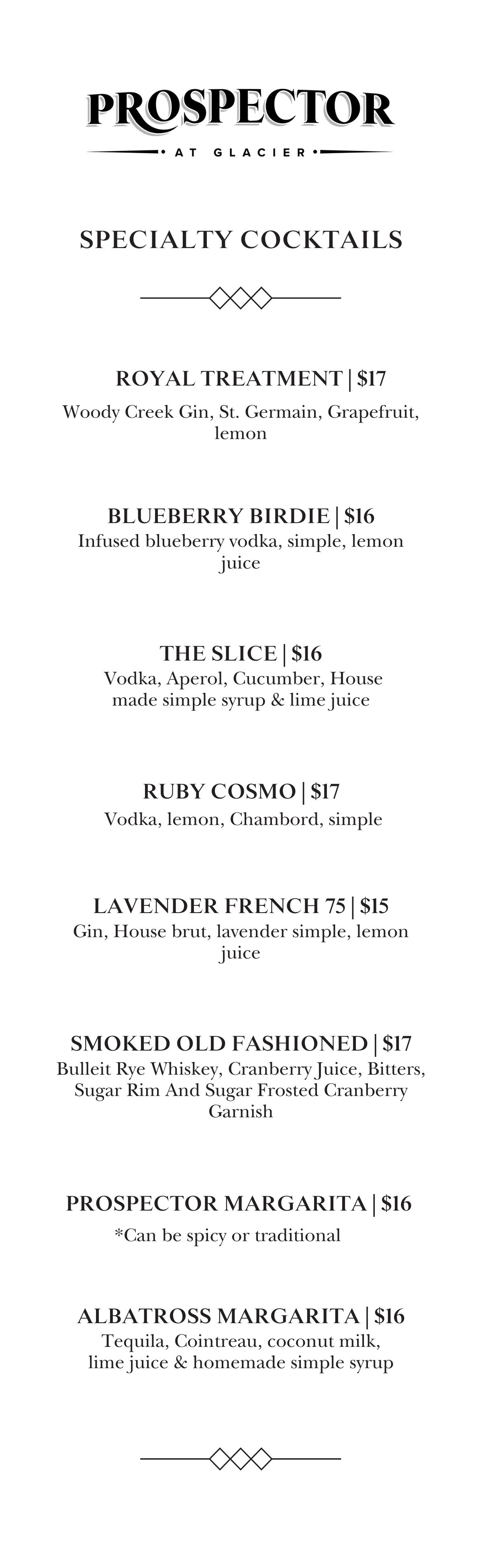Lunch Dinner wine & beer list Specialty cocktails Dessert
